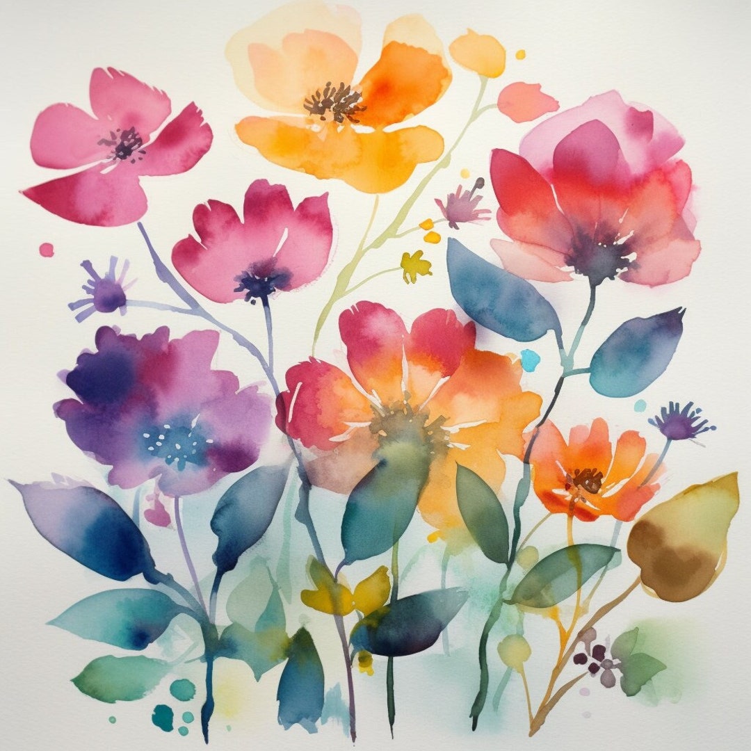 Rainbow Flowers - Floral Print, Watercolour, Printable - Digital ...
