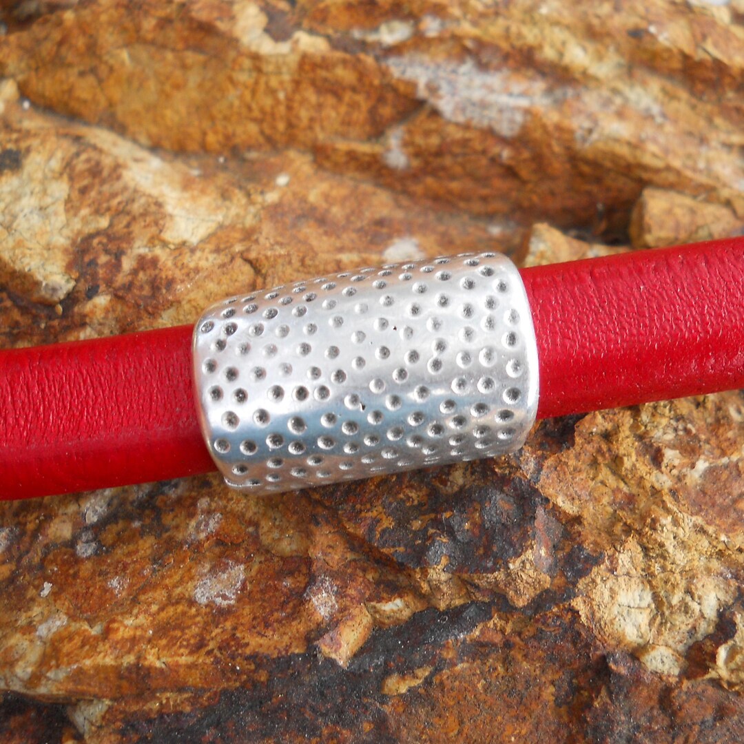 Silver Plated Hammered Tube Slider for Oval Leather (opening 10 X 6 Mm ...