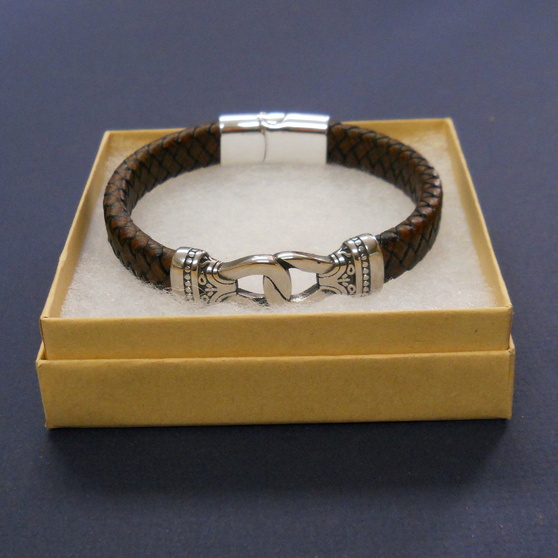 Men's Braided Leather Bracelet With Stainless Steel Clasp and Connector ...