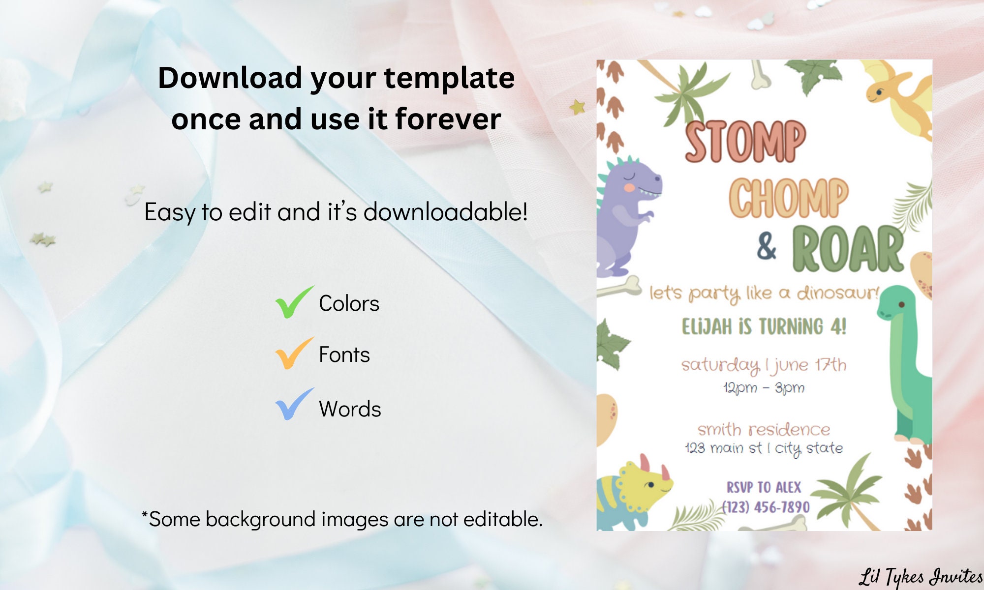 Editable Dinosaur Themed Birthday Invitation Chomp Stomp and Roar ...
