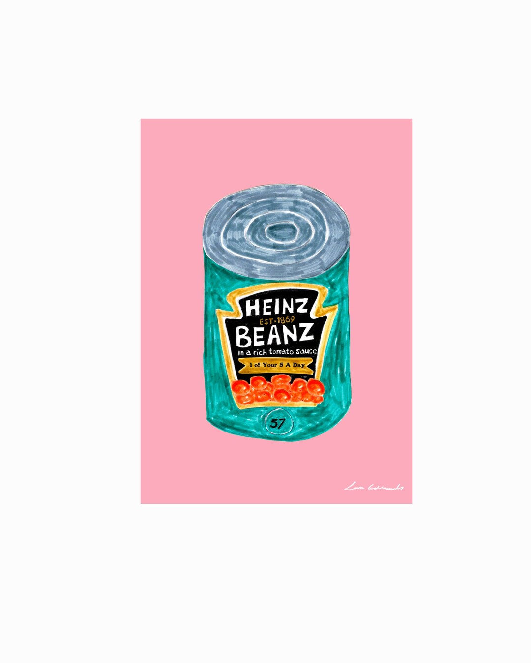 Baked Beans Pink Print Hand Drawn 5x7 A5 8x10 A4 A3 Baked Beans Baked ...