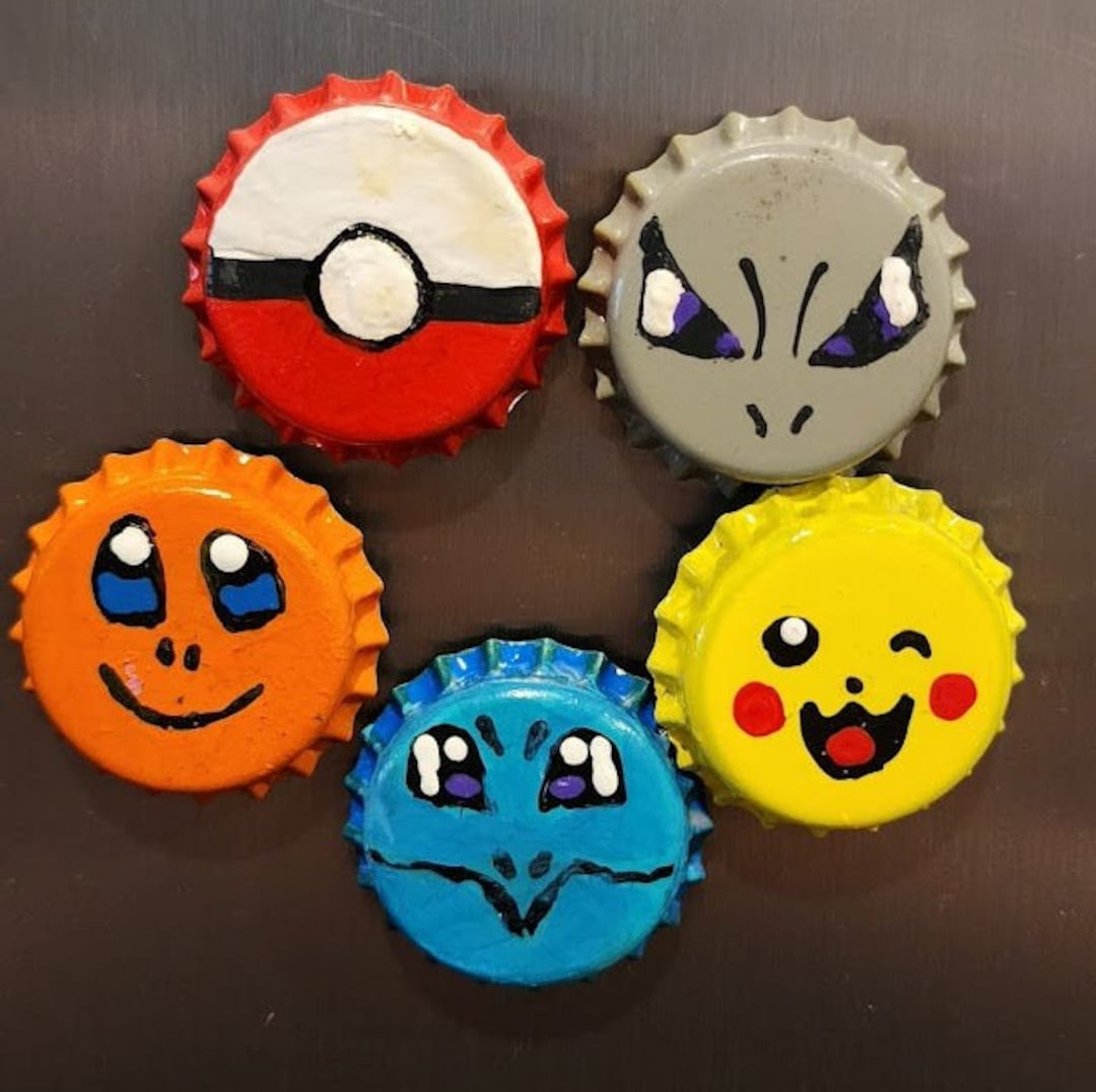 Pokemon Magnets / Set of 5/ Hand Painted / Bottle Cap / Magnets/ Fridge ...