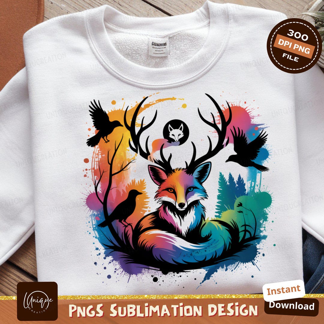 Fox With Antlers Png, Crow Sublimation Design, Rainbow Fox Png, Forest ...