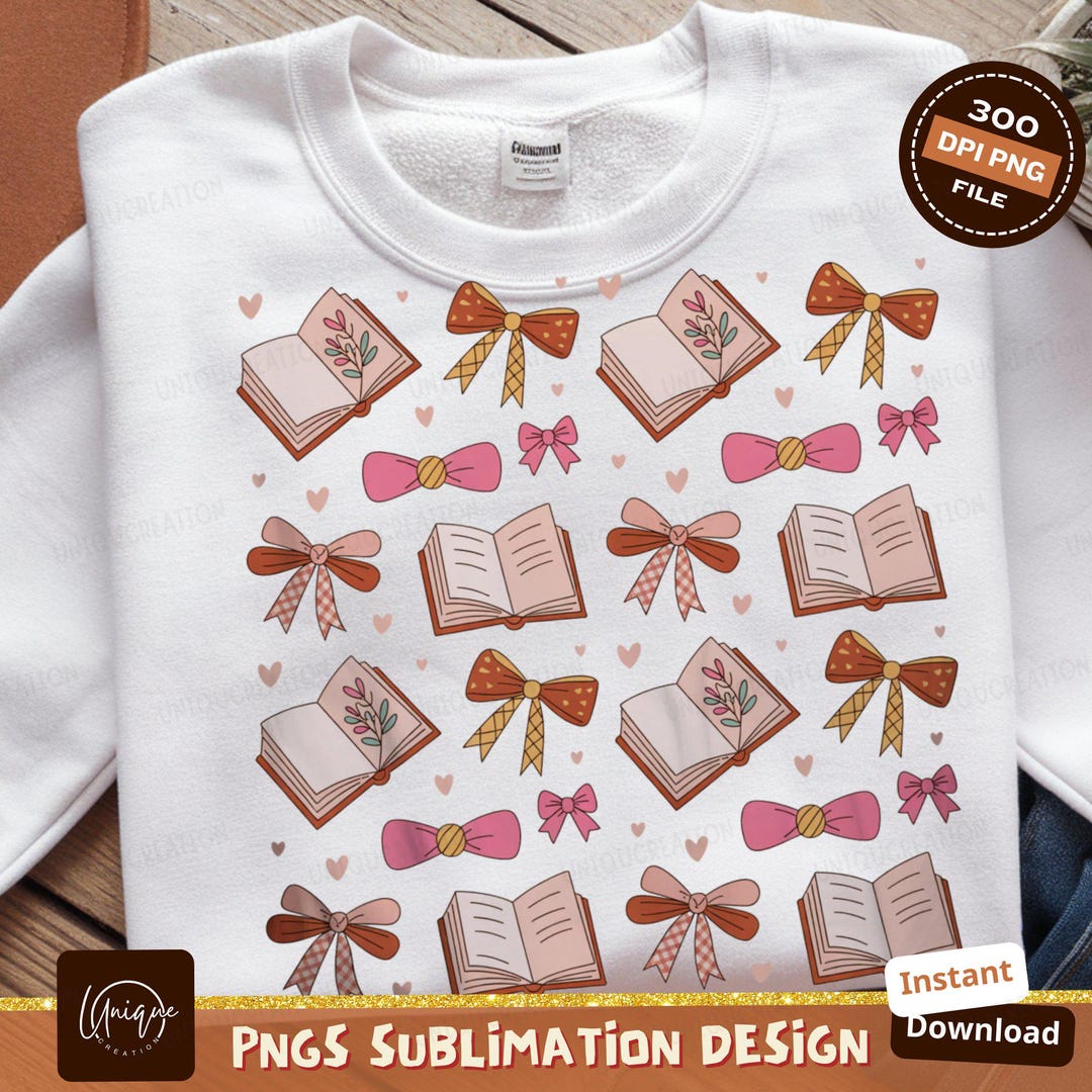 Books and Bows Digital Png, Cute Pattern Sublimation Design, Pink Brown ...