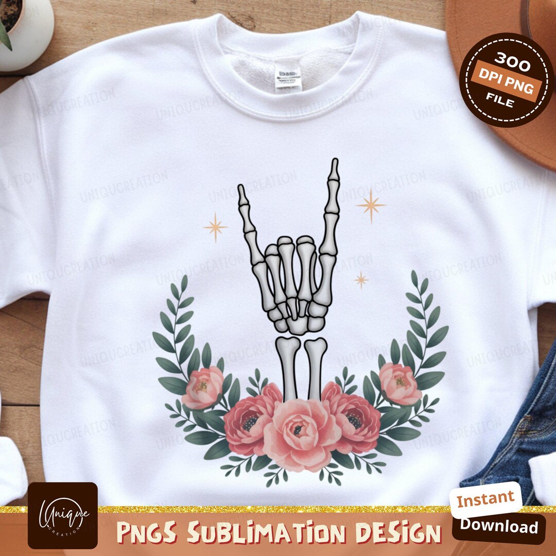 Floral Skeleton Hand Png, Rock on Sign Digital Art, Sublimation Design ...