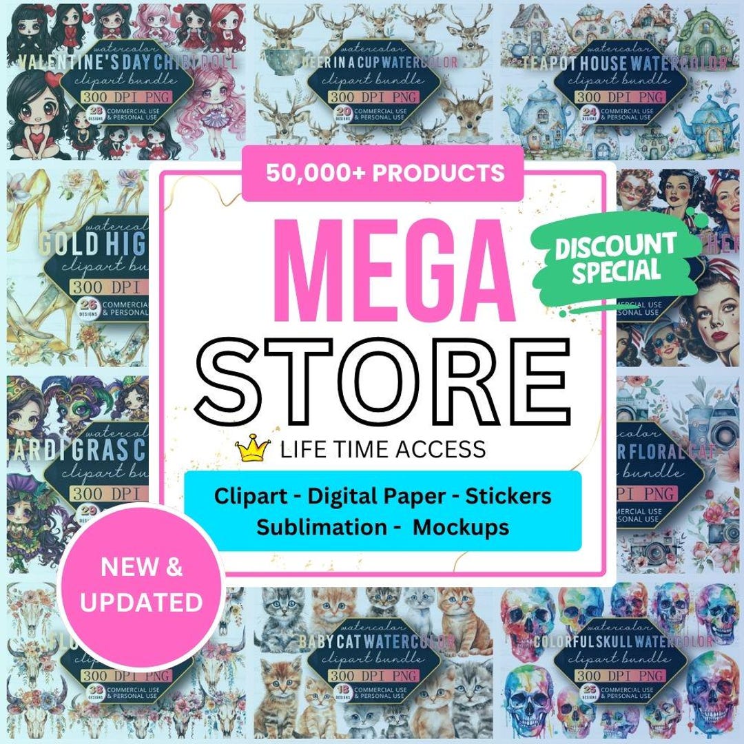 Mega Store Bundle, 50,000+ PNG Clipart, Stickers, Patterns, Unlimited ...