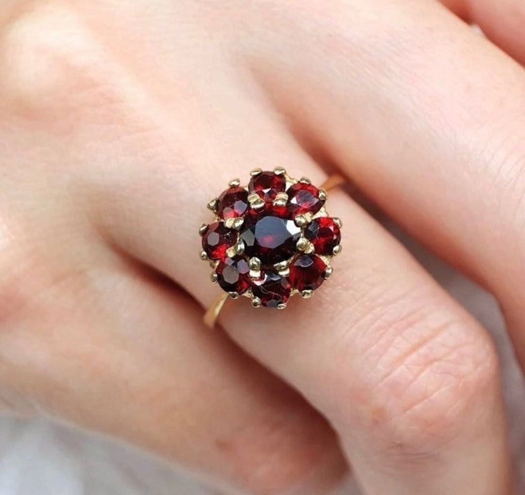 Flower Ring Natural Red Garnet Flower Ring Gold Vermeil Engagement Ring ...
