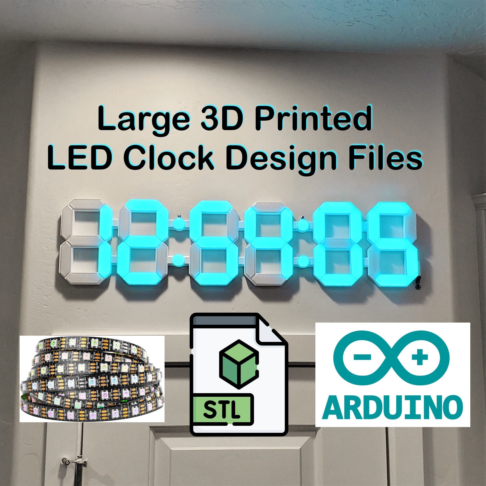 3D Printed Wall Clock Design - 30" by 7" - Arduino or ESP32 Project - WS2812B Programmable ...