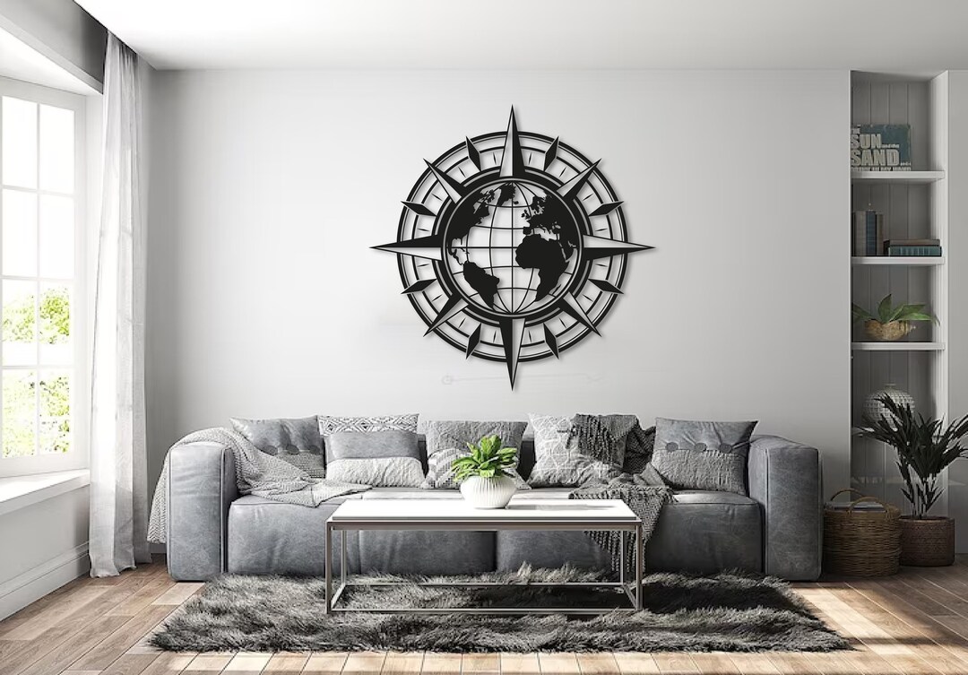 Compass and World Map Metal Wall Decor,interior Decoration,gift for Him ...