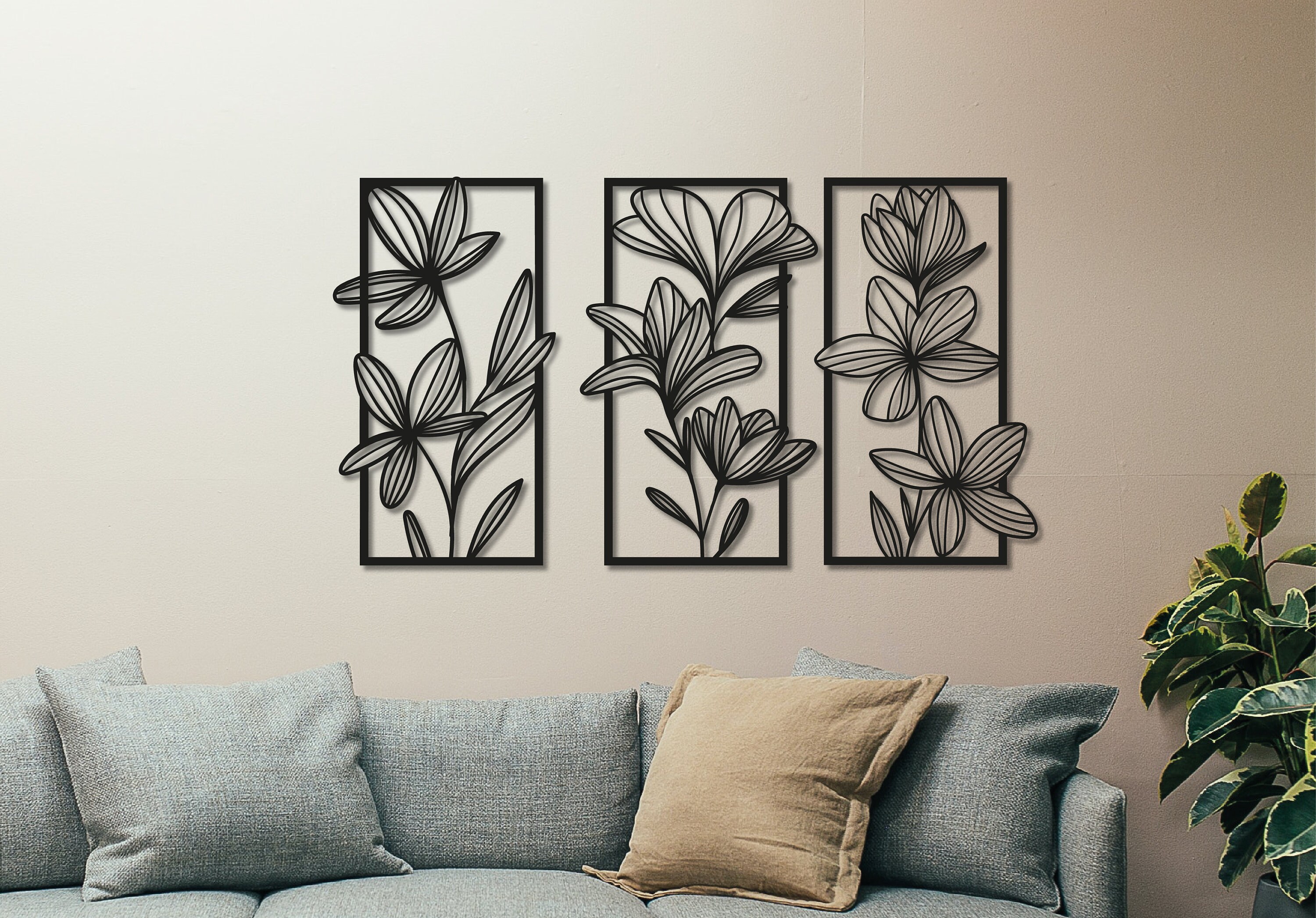 Flower Metal Wall Art, Floral Wall Hangings, Living Room Metal Wall ...