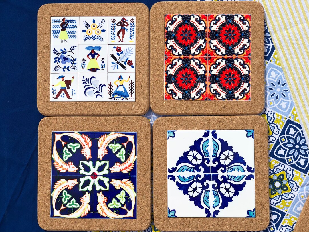 KIT 4 Azulejo / SET of 4 Cork Base With Ceramic / Cork Art / Cork ...