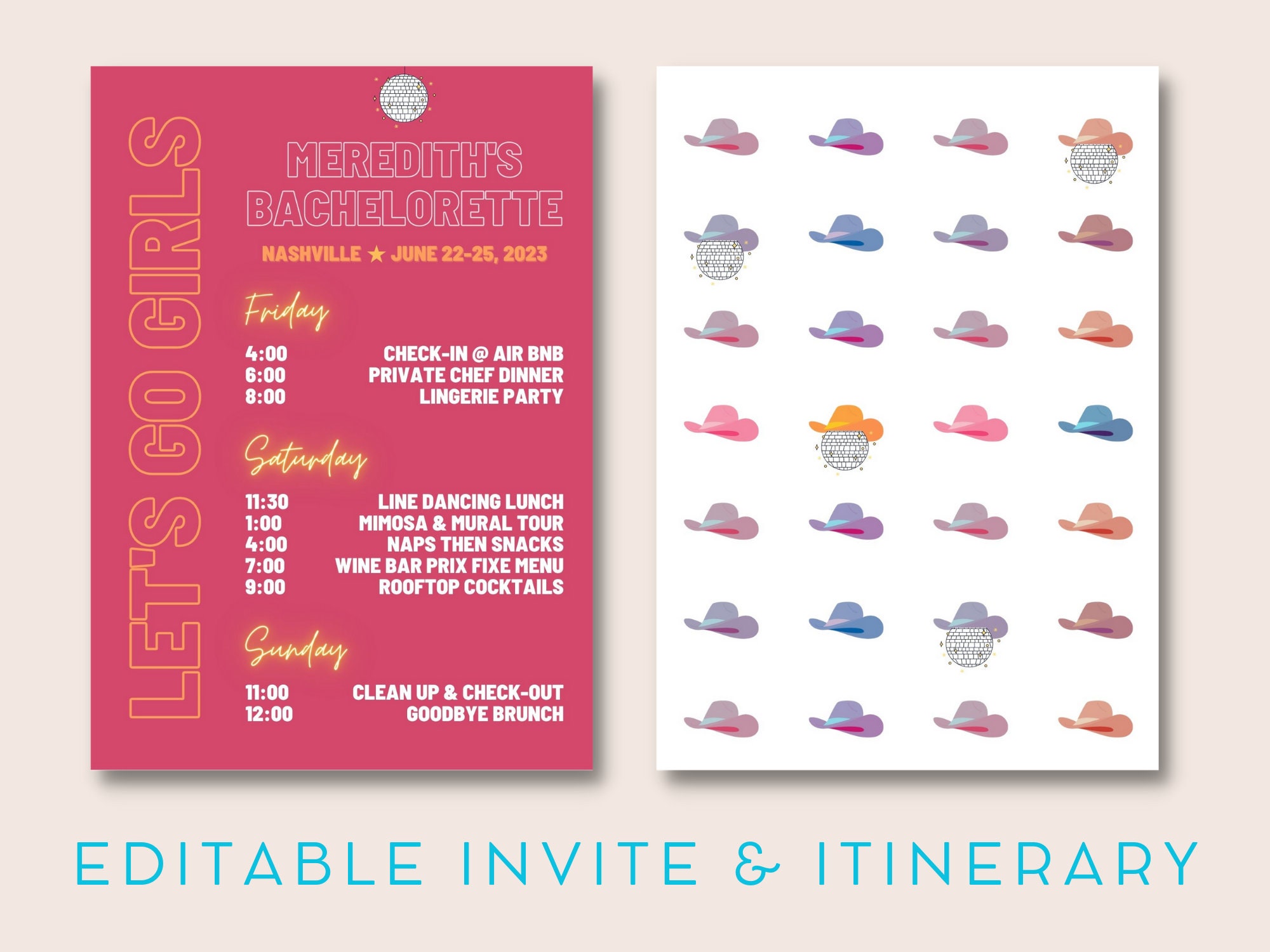 Disco Cowgirl Bachelorette Digital Template | Nashville Editable ...