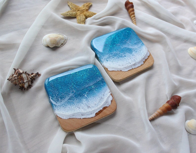 Epoxy Ocean Coasters Valentines Day Square Coasters Beach Home Decor ...