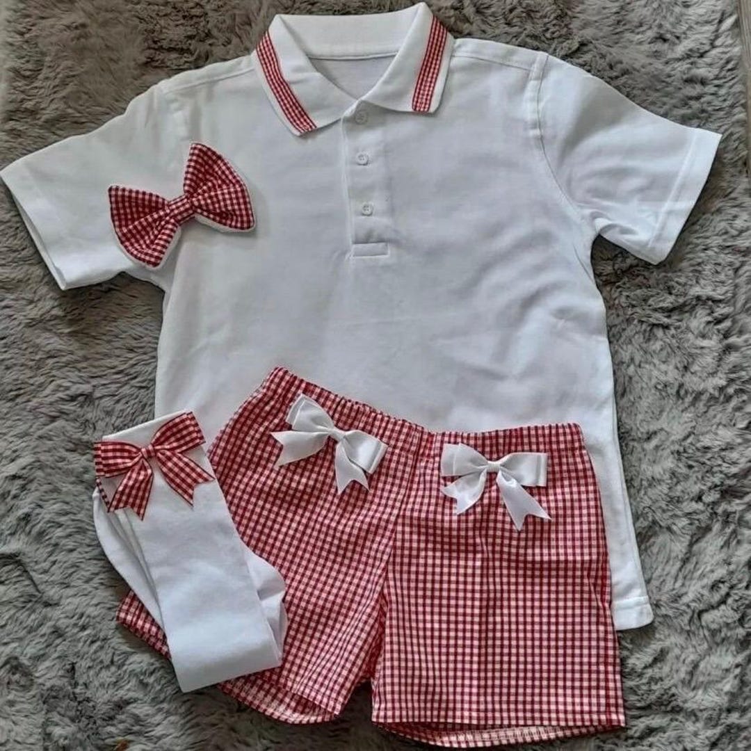 Handmade Gingham Check School Girls Outfit Set Shorts Polo Shirt Hair ...