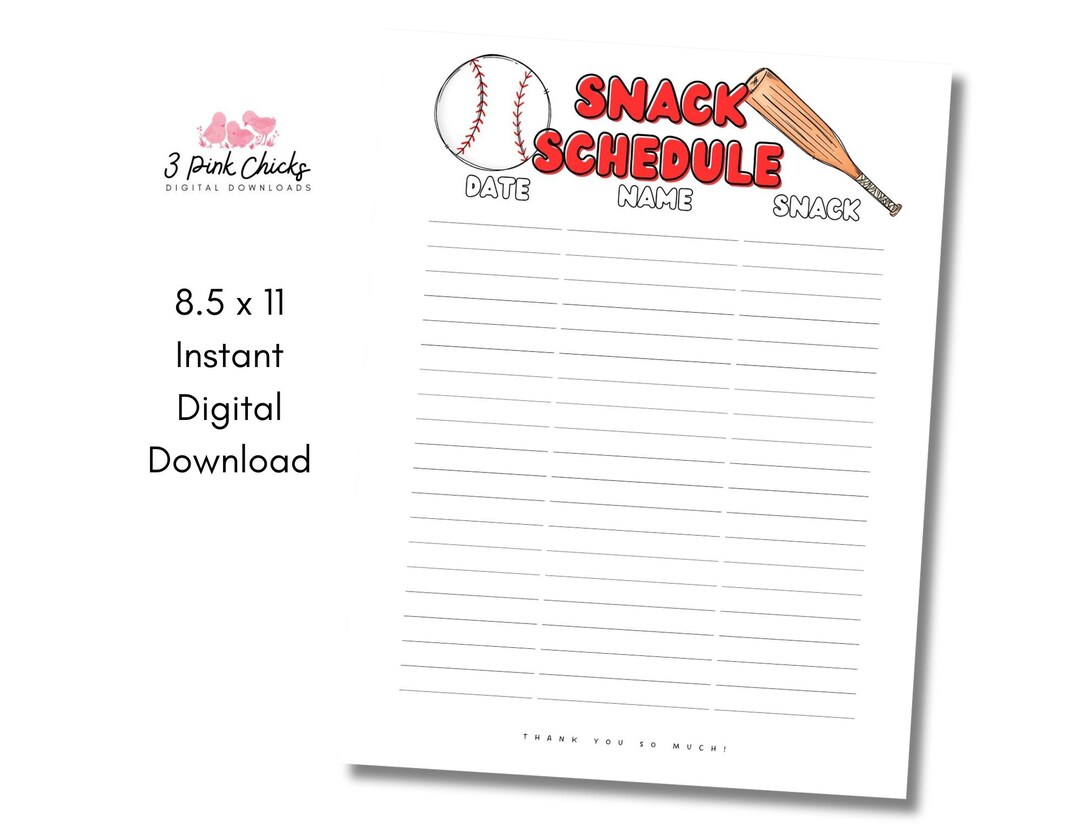  Baseball Snack Sign Up Sheet Printable Sign Up Sheet T ball Etsy