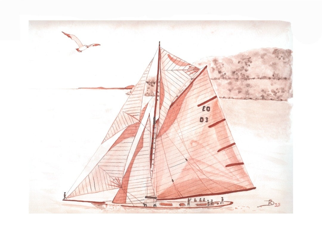 Red Chalk Drawing of an Old Rigged Sailboat, tuiga Art Print - Etsy