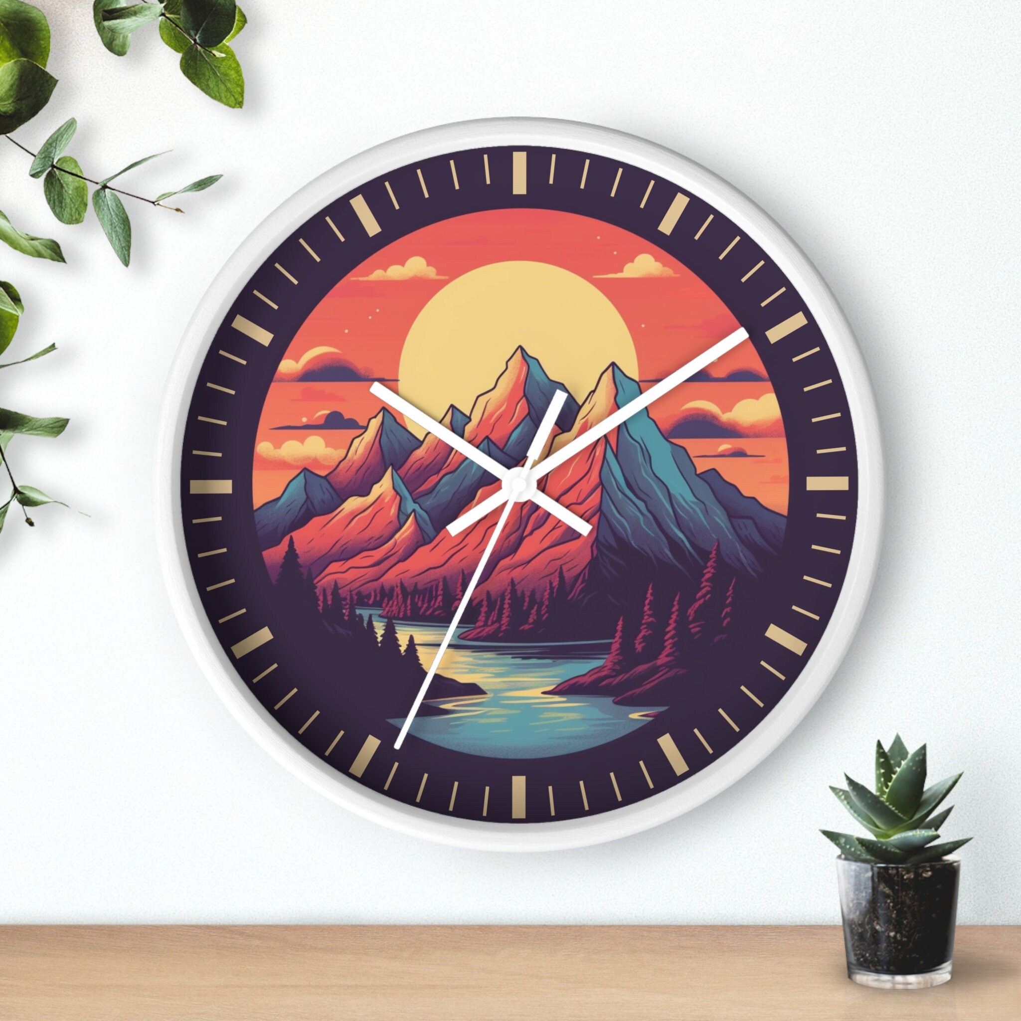 Mountain Sunset Wall Clock, Unique Wall Clock, Office Wall Clock, Quiet ...