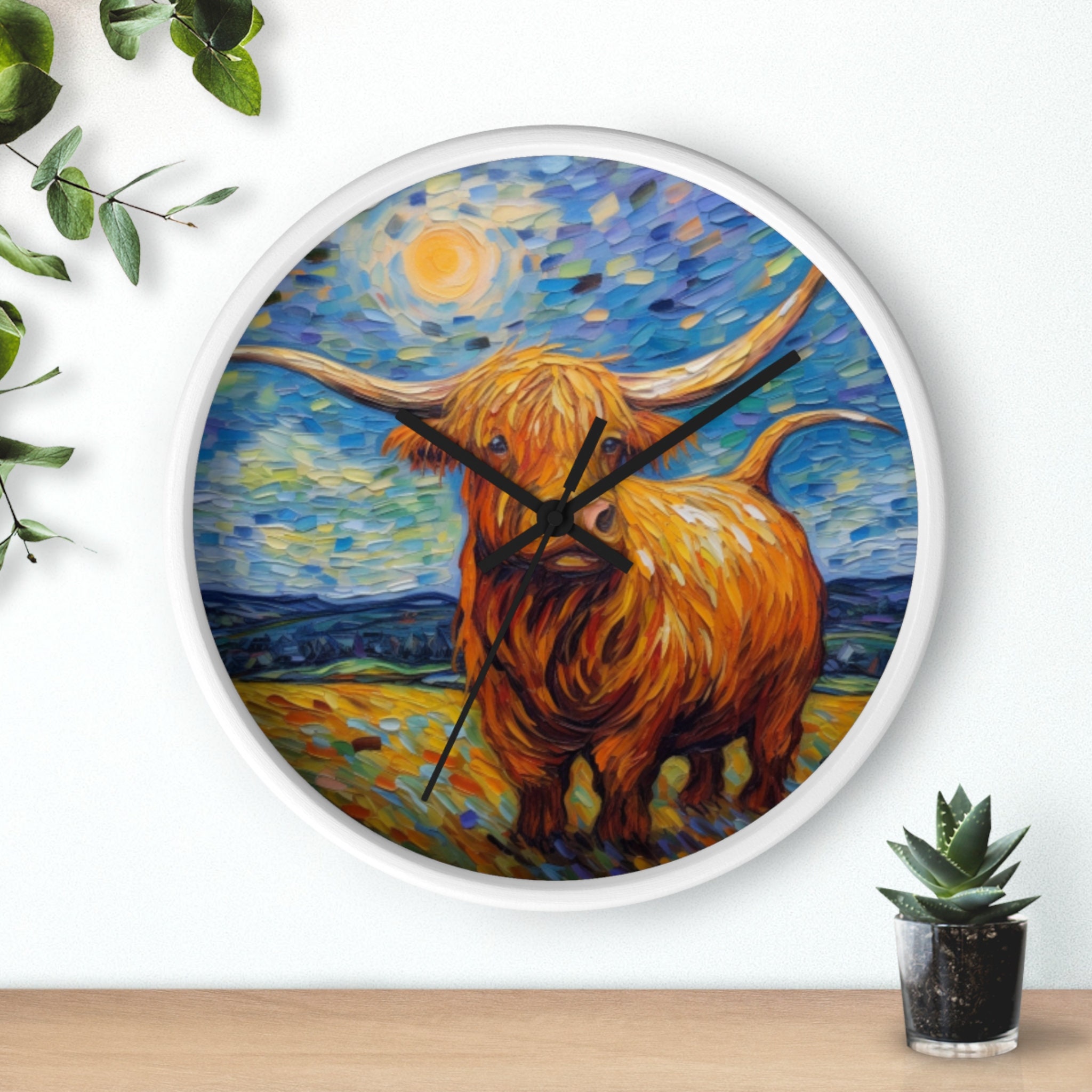 Highland Cow Wall Clock, 10-inch Clock, Van Gogh Starry Night, Highland ...