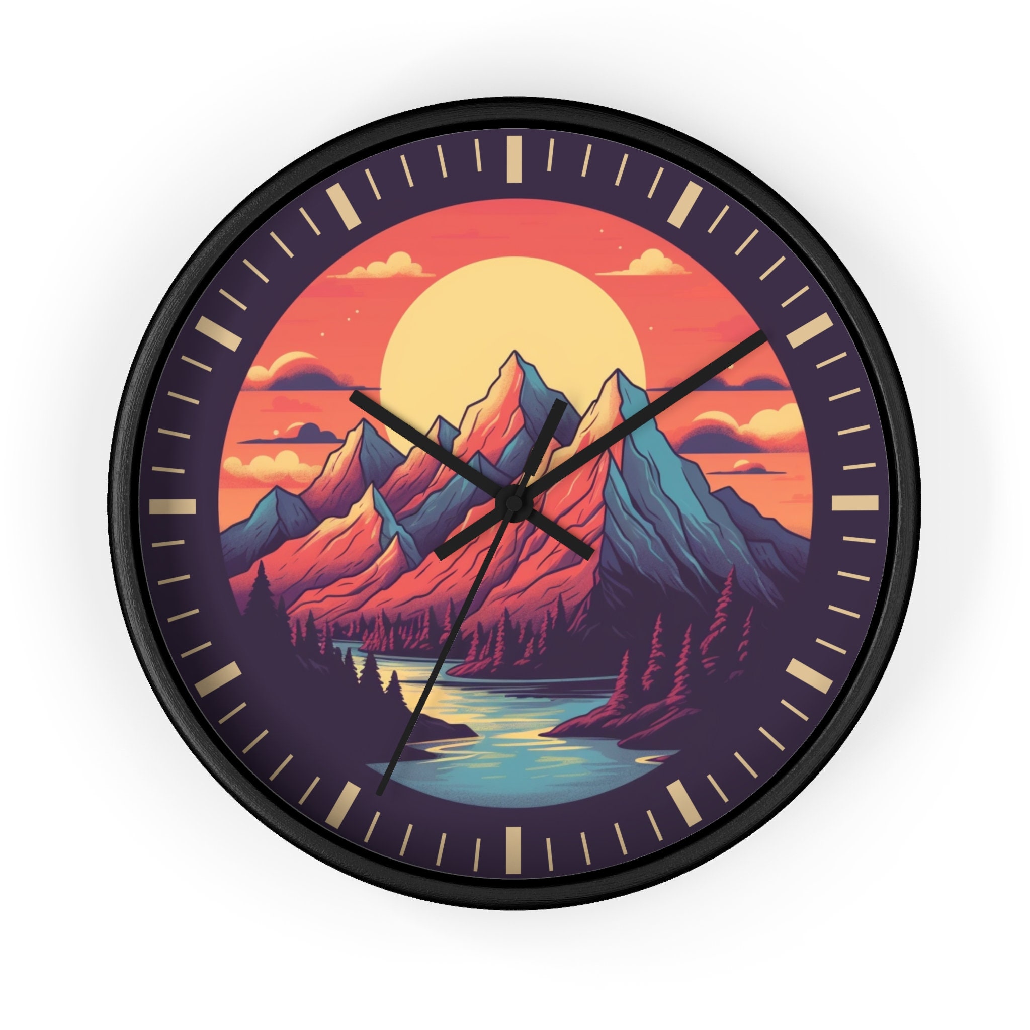 Mountain Sunset Wall Clock, Unique Wall Clock, Office Wall Clock, Quiet ...