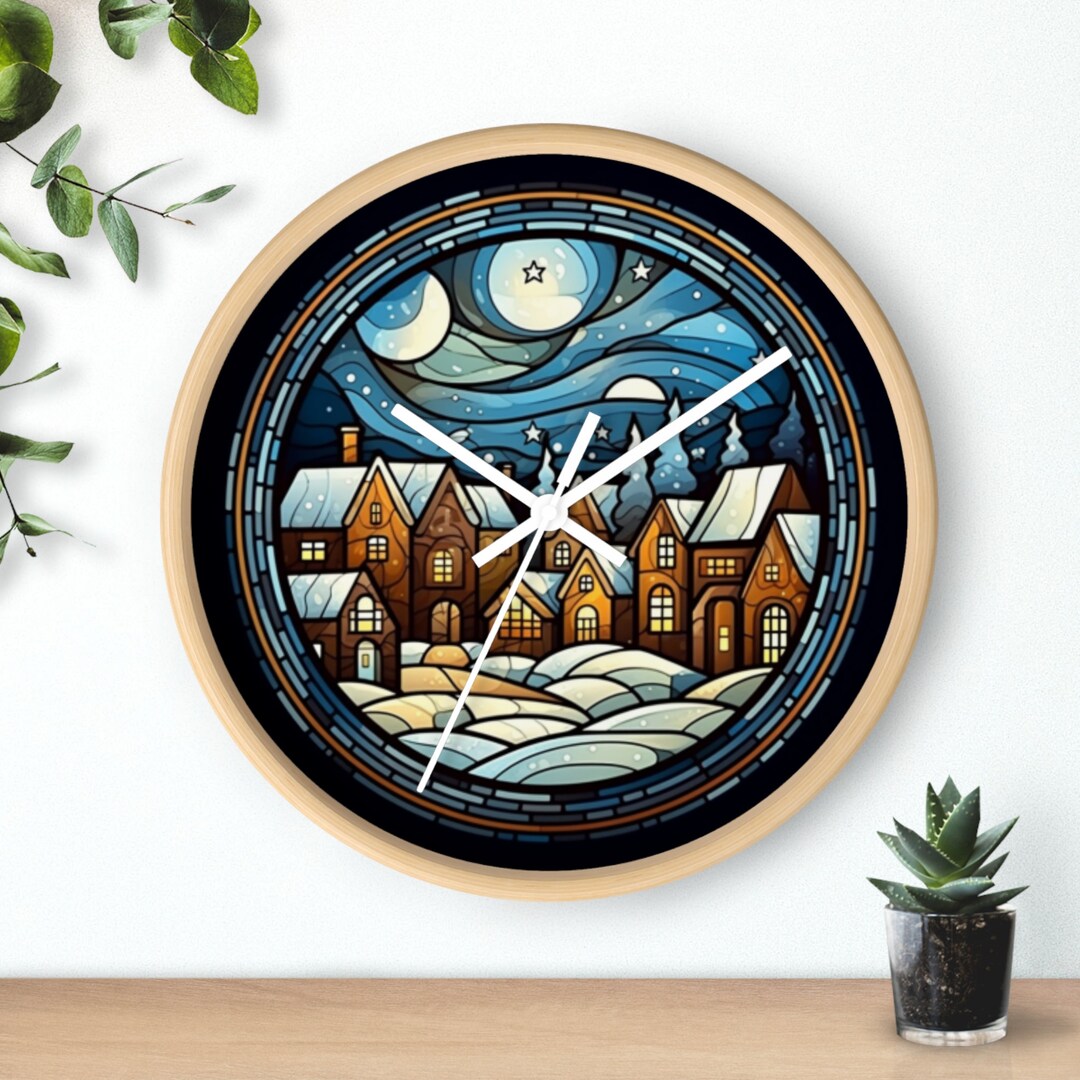 Stained Glass Christmas Clock, 10-inch Clock, Winter Village Clock ...