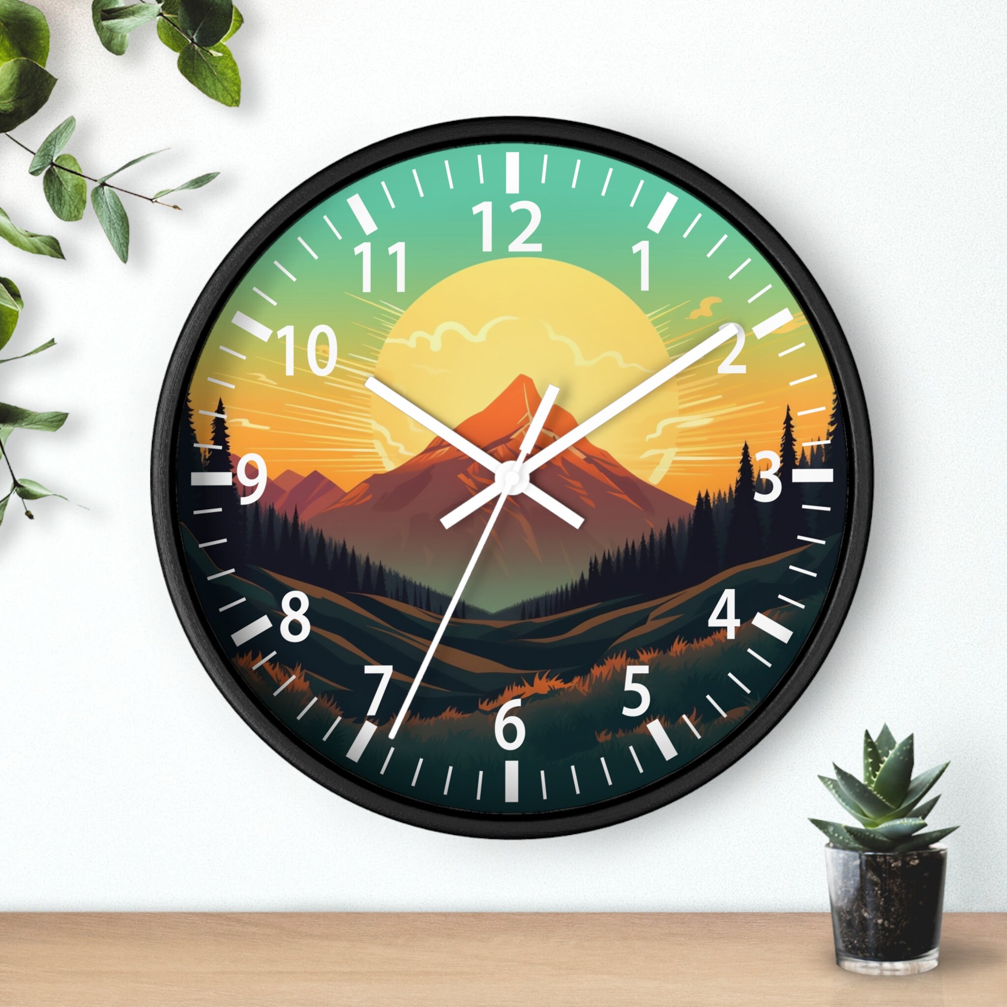 Mountain Sunset Wall Clock, Unique Wall Clock, Office Wall Clock, Quiet ...