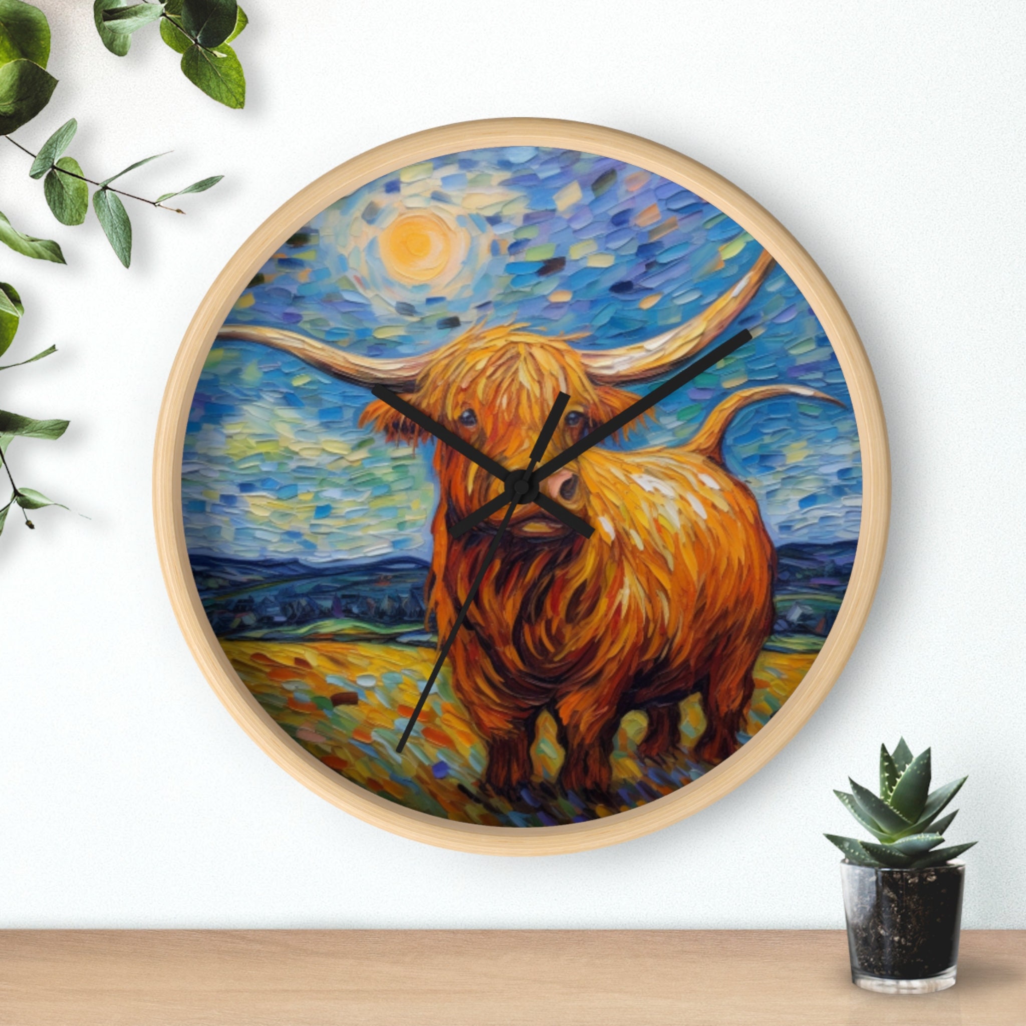 Highland Cow Wall Clock, 10-inch Clock, Van Gogh Starry Night, Highland ...