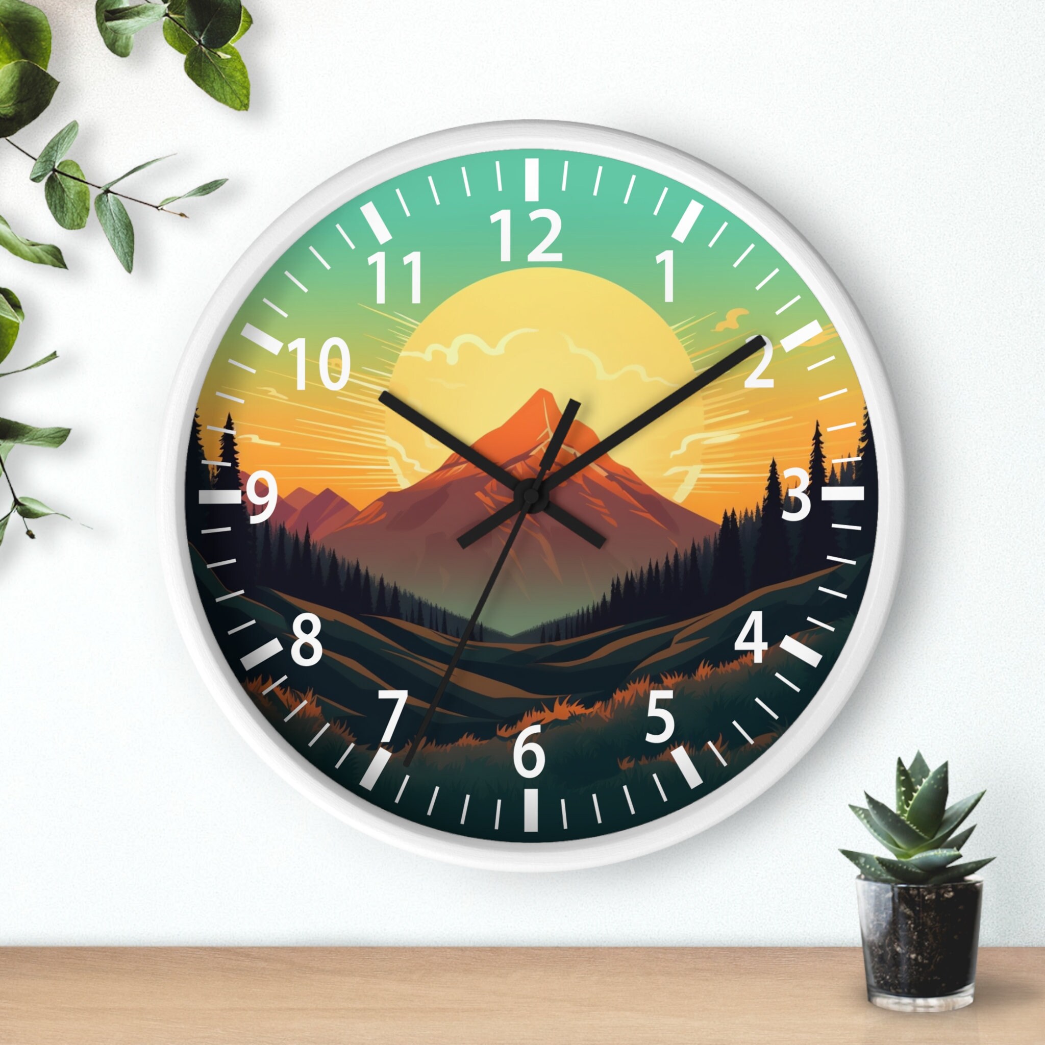 Mountain Sunset Wall Clock, Unique Wall Clock, Office Wall Clock, Quiet ...