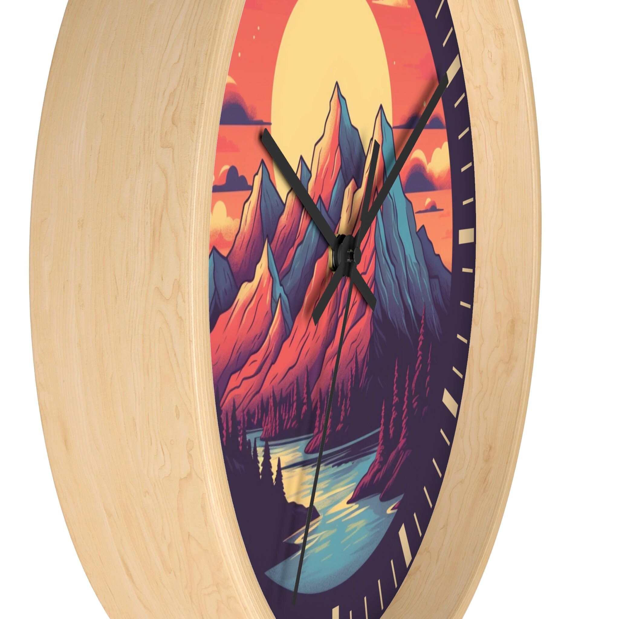 Mountain Sunset Wall Clock, Unique Wall Clock, Office Wall Clock, Quiet ...