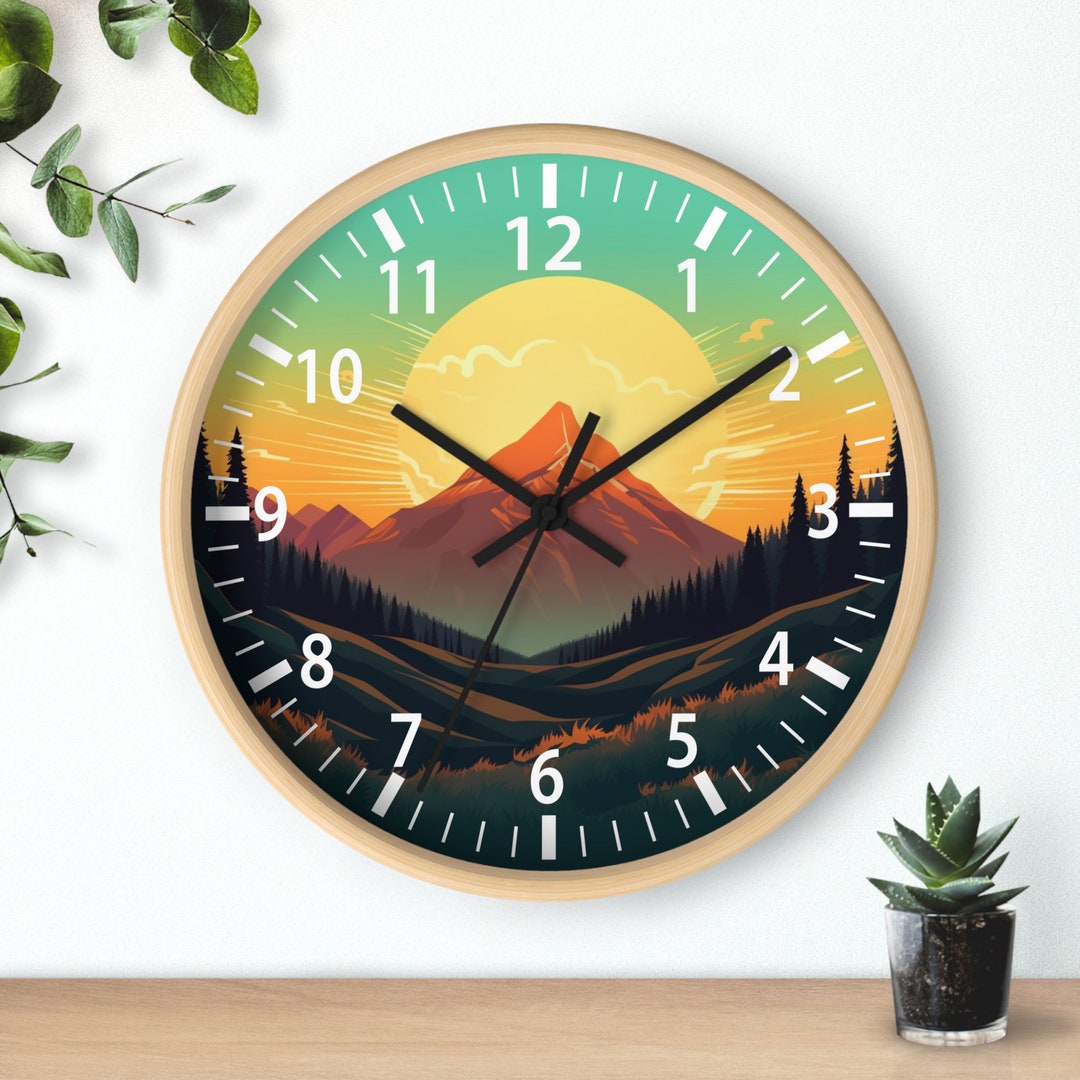 Mountain Sunset Wall Clock, Unique Wall Clock, Office Wall Clock, Quiet Wall Clock, Mountain ...