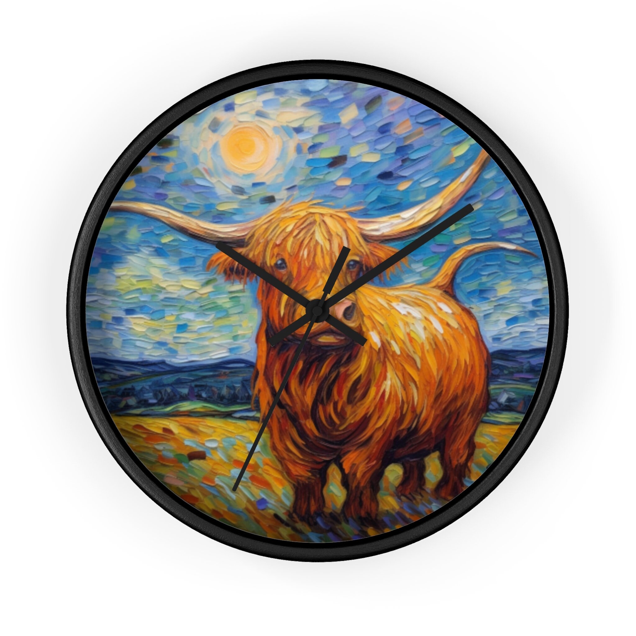 Highland Cow Wall Clock, 10-inch Clock, Van Gogh Starry Night, Highland ...