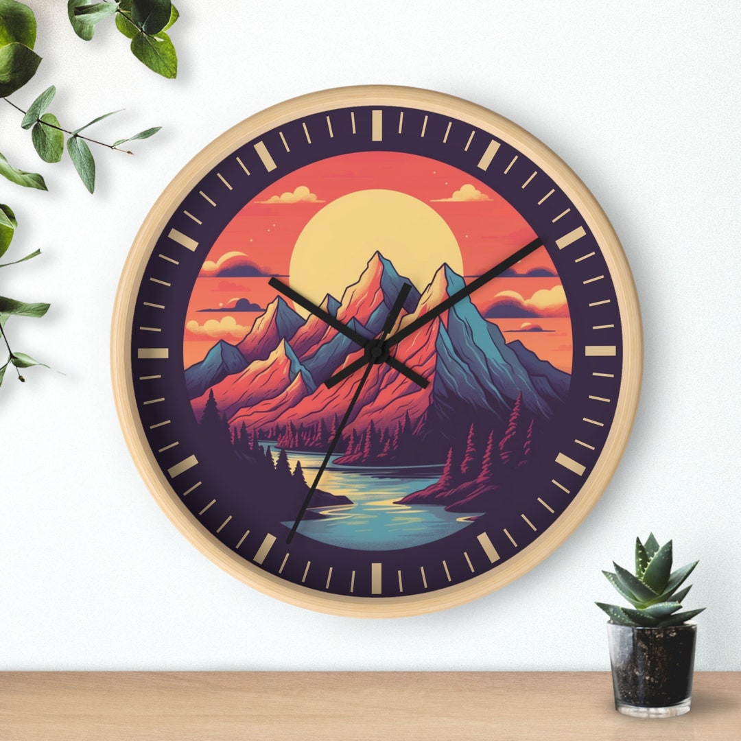 Mountain Sunset Wall Clock, Unique Wall Clock, Office Wall Clock, Quiet Wall Clock, Mountain ...