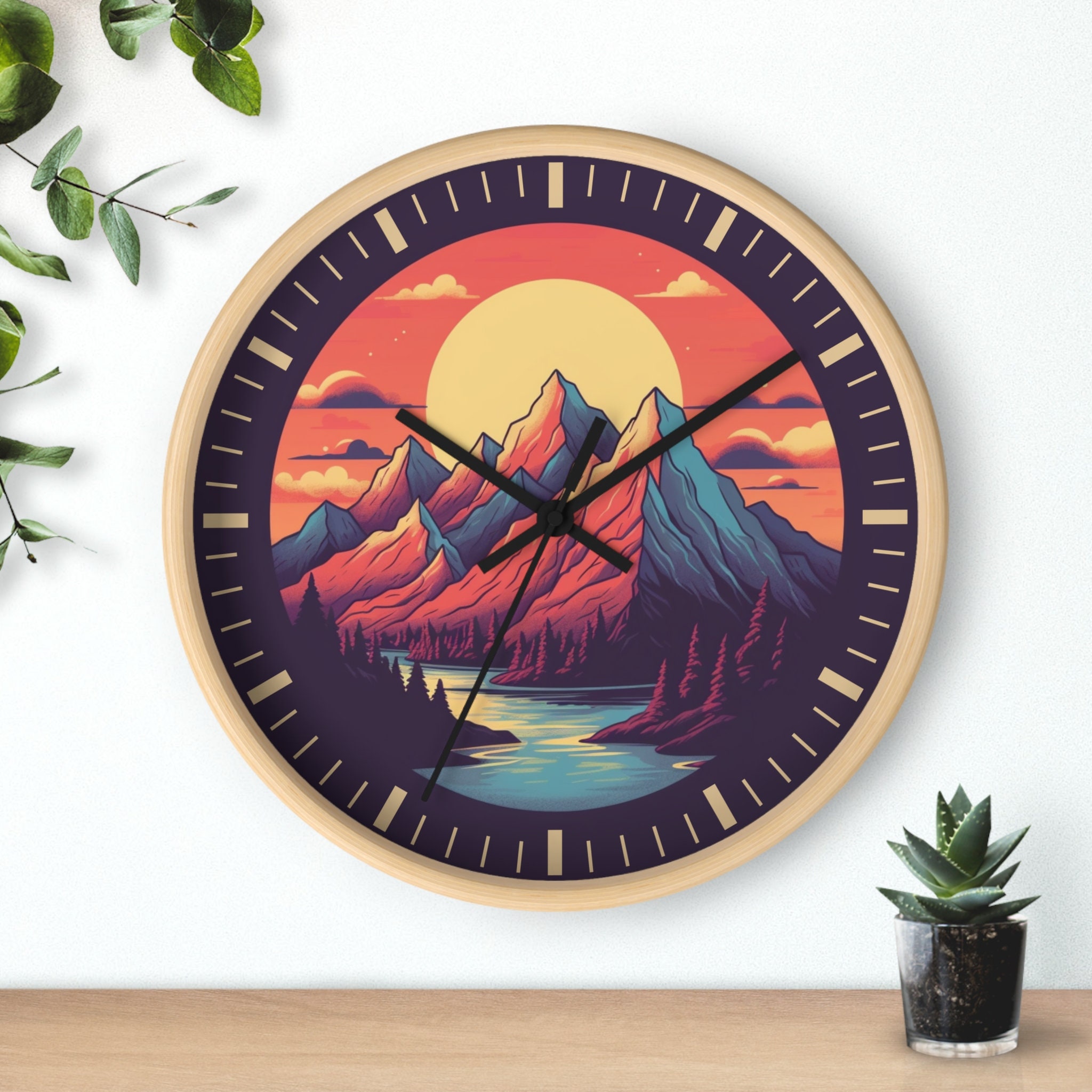 Mountain Sunset Wall Clock, Unique Wall Clock, Office Wall Clock, Quiet ...