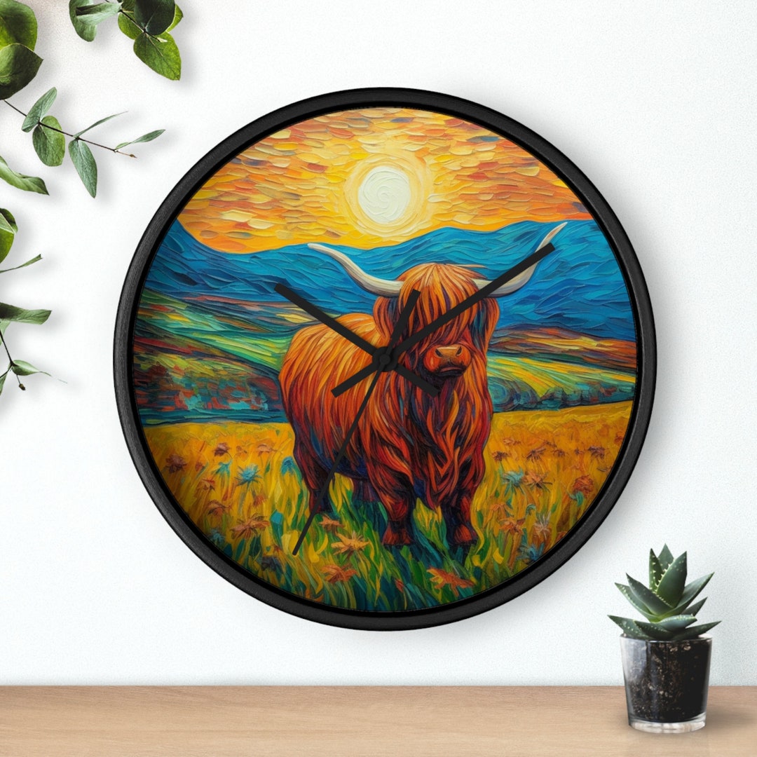 Highland Cow Wall Clock, 10-inch Clock, Van Gogh Starry Night, Highland ...
