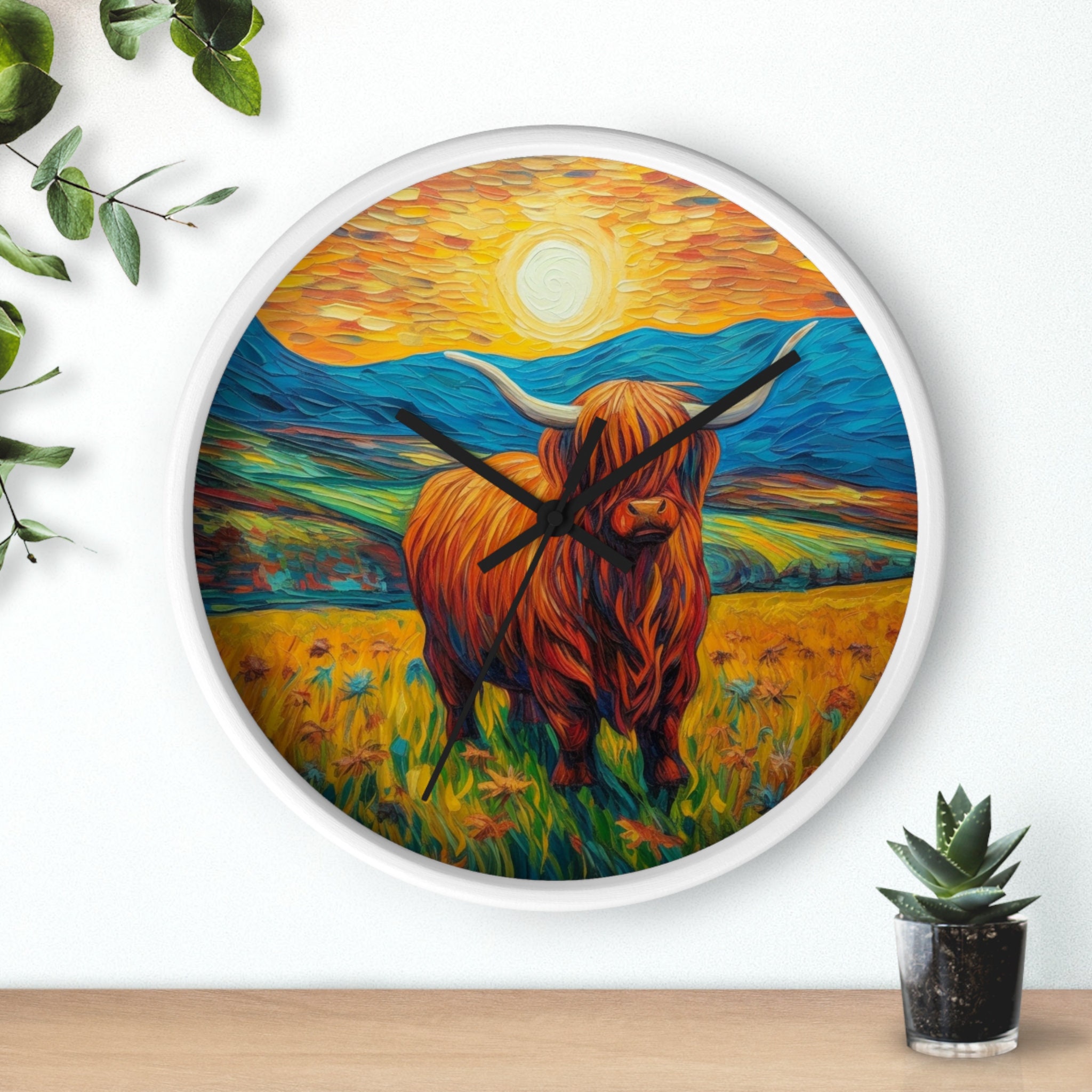 Highland Cow Wall Clock, 10-inch Clock, Van Gogh Starry Night, Highland ...