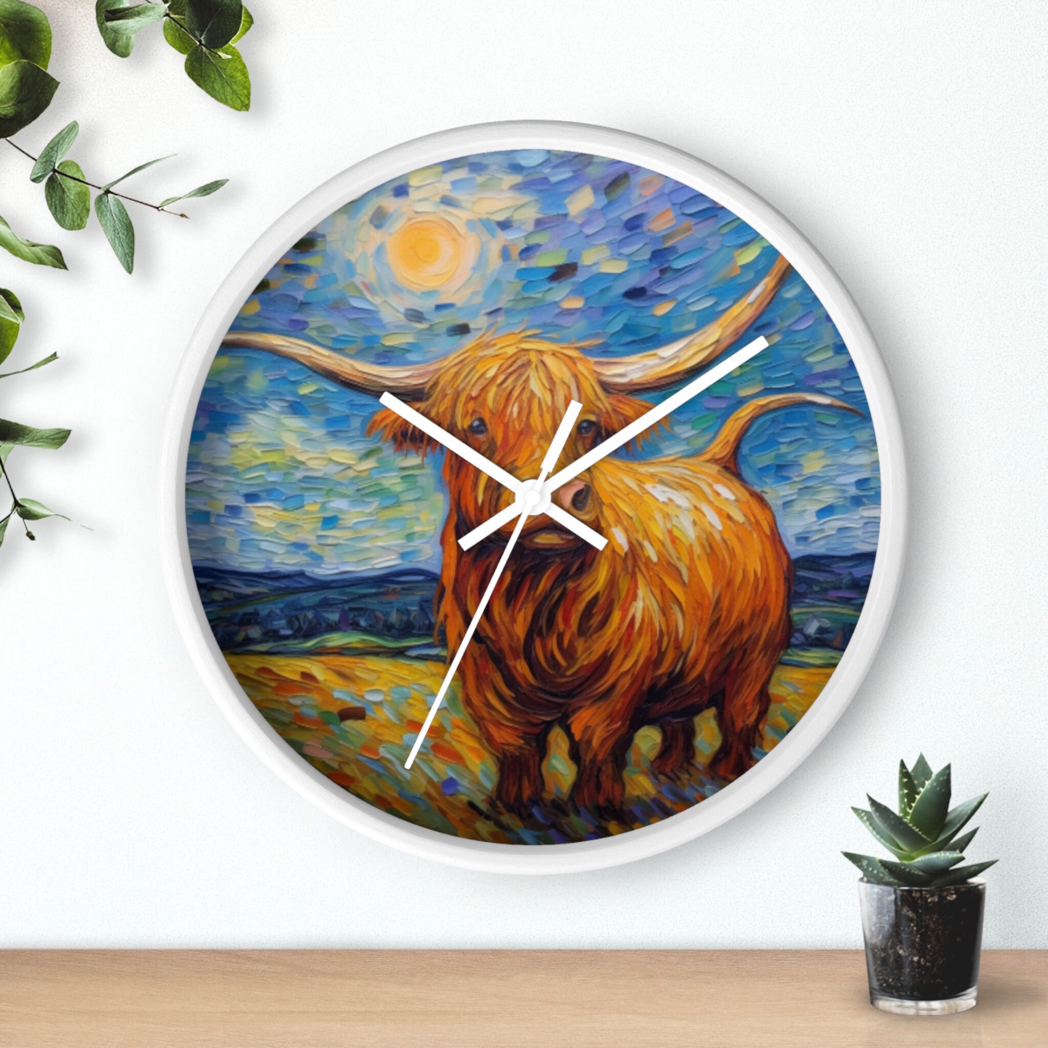 Highland Cow Wall Clock, 10-inch Clock, Van Gogh Starry Night, Highland ...