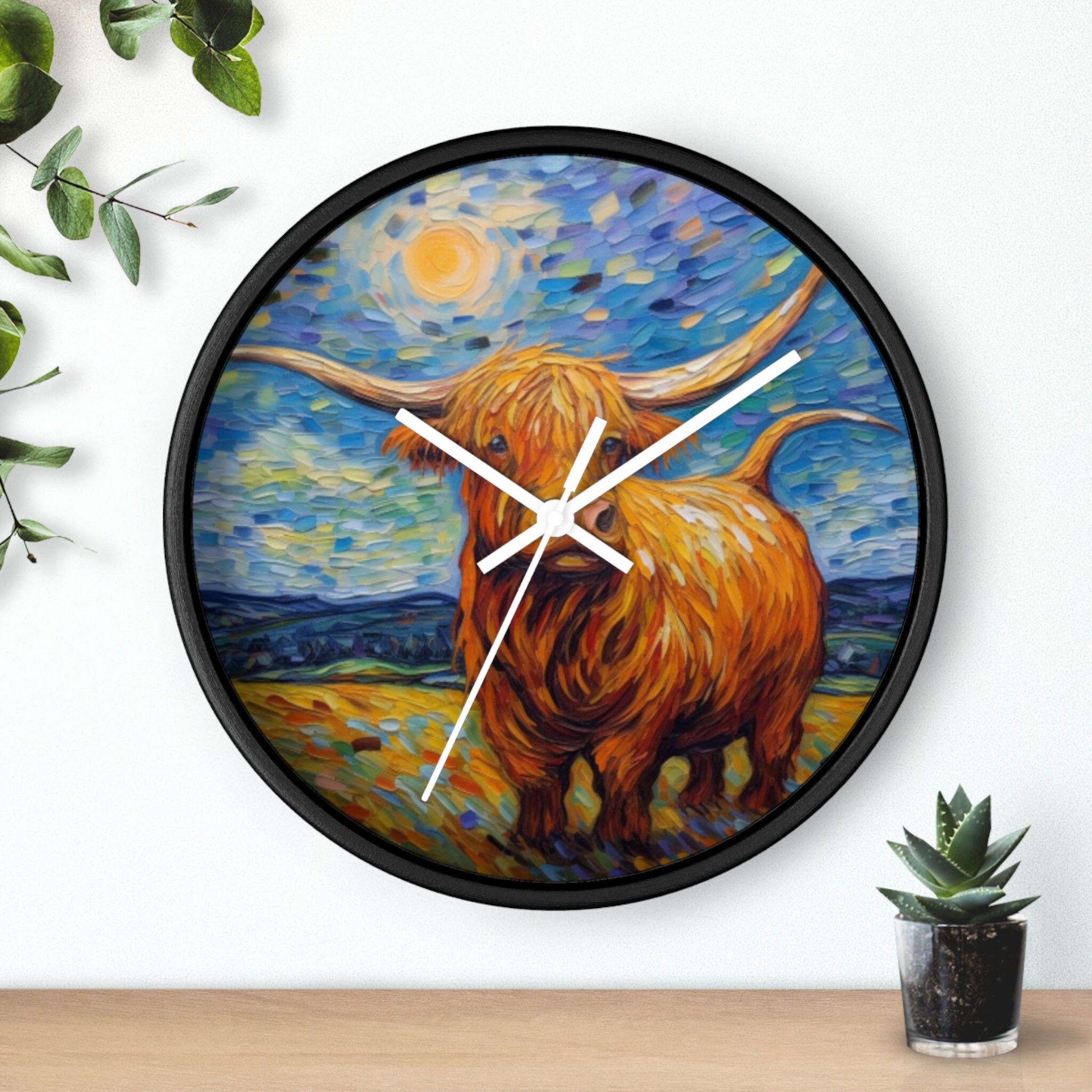 Highland Cow Wall Clock, 10-inch Clock, Van Gogh Starry Night, Highland ...