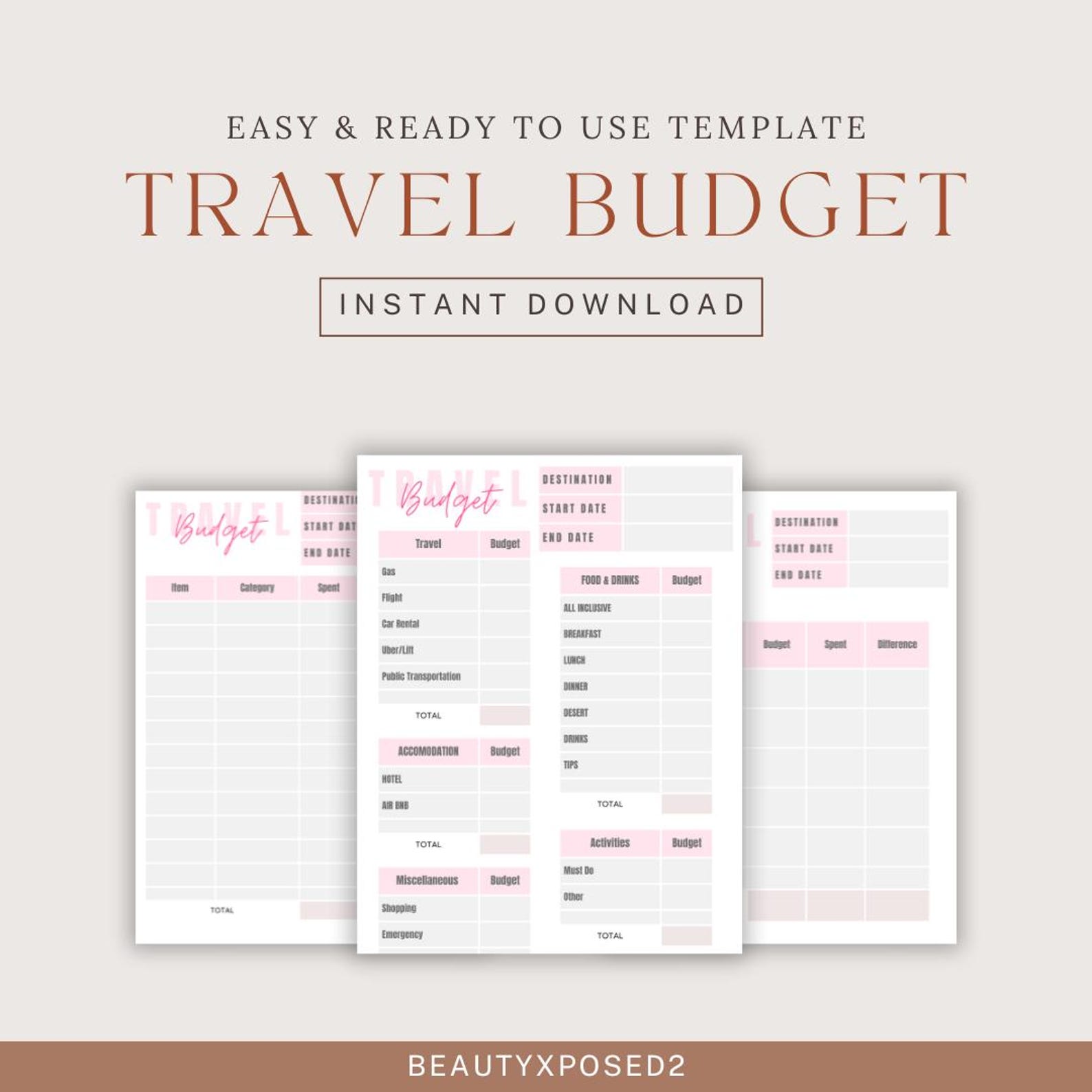 Printable Travel Budget Planner A5, US Letter – Expense Tracker ...
