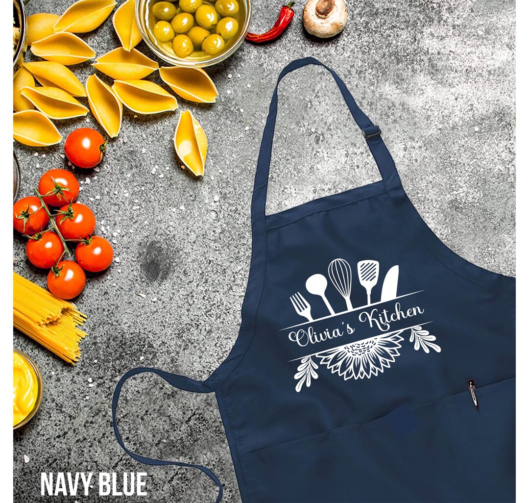 Custom Name Navy Apron: Personalized Kitchen Apron With Pockets - Etsy