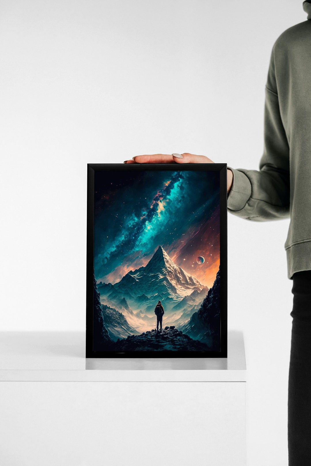 Surreal Mountain Poster, Climber Poster, Universe Art, Galaxy Poster ...