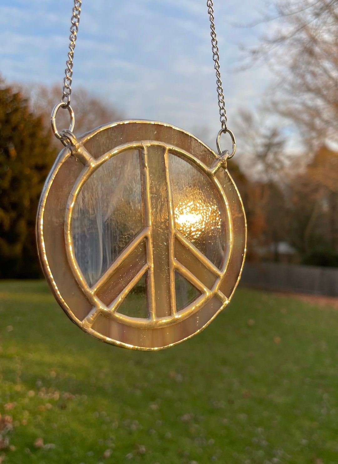 Peace Sign Suncatcher, Hippie Boho Decor Ornament, Purple Beige and ...