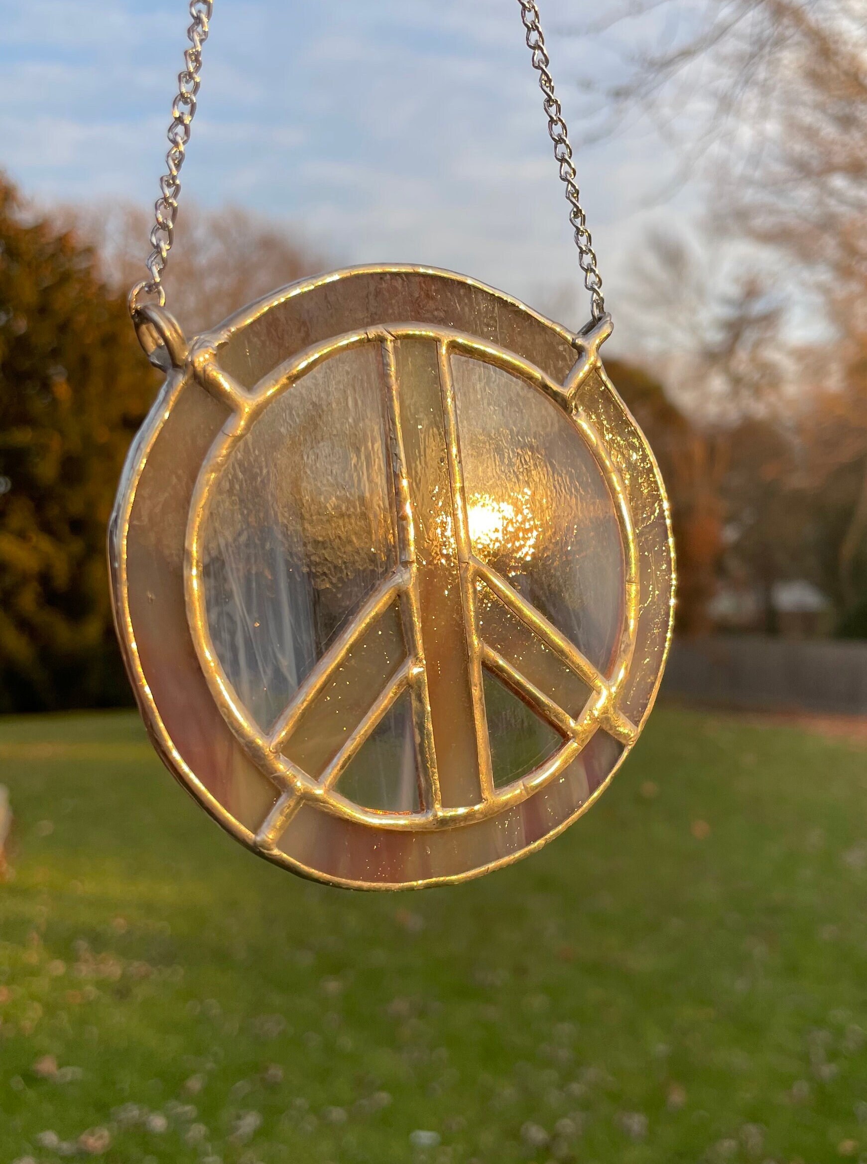 Peace Sign Suncatcher, Hippie Boho Decor Ornament, Purple Beige and ...