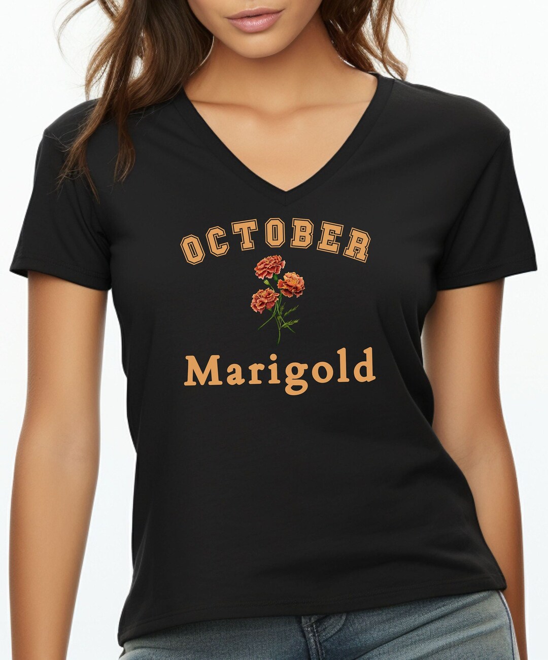 Flower of the Month, October Marigold V-neck Tee, All Occasion Gifting ...