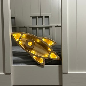 Handmade Wood Carved Rocket Ship Lamp, Natural Neutral Wood Grain, Kids ...