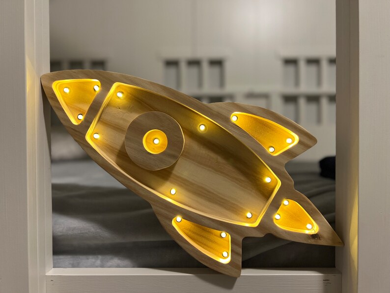 Handmade Wood Carved Rocket Ship Lamp, Natural Neutral Wood Grain, Kids ...