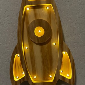 Handmade Wood Carved Rocket Ship Lamp, Natural Neutral Wood Grain, Kids ...
