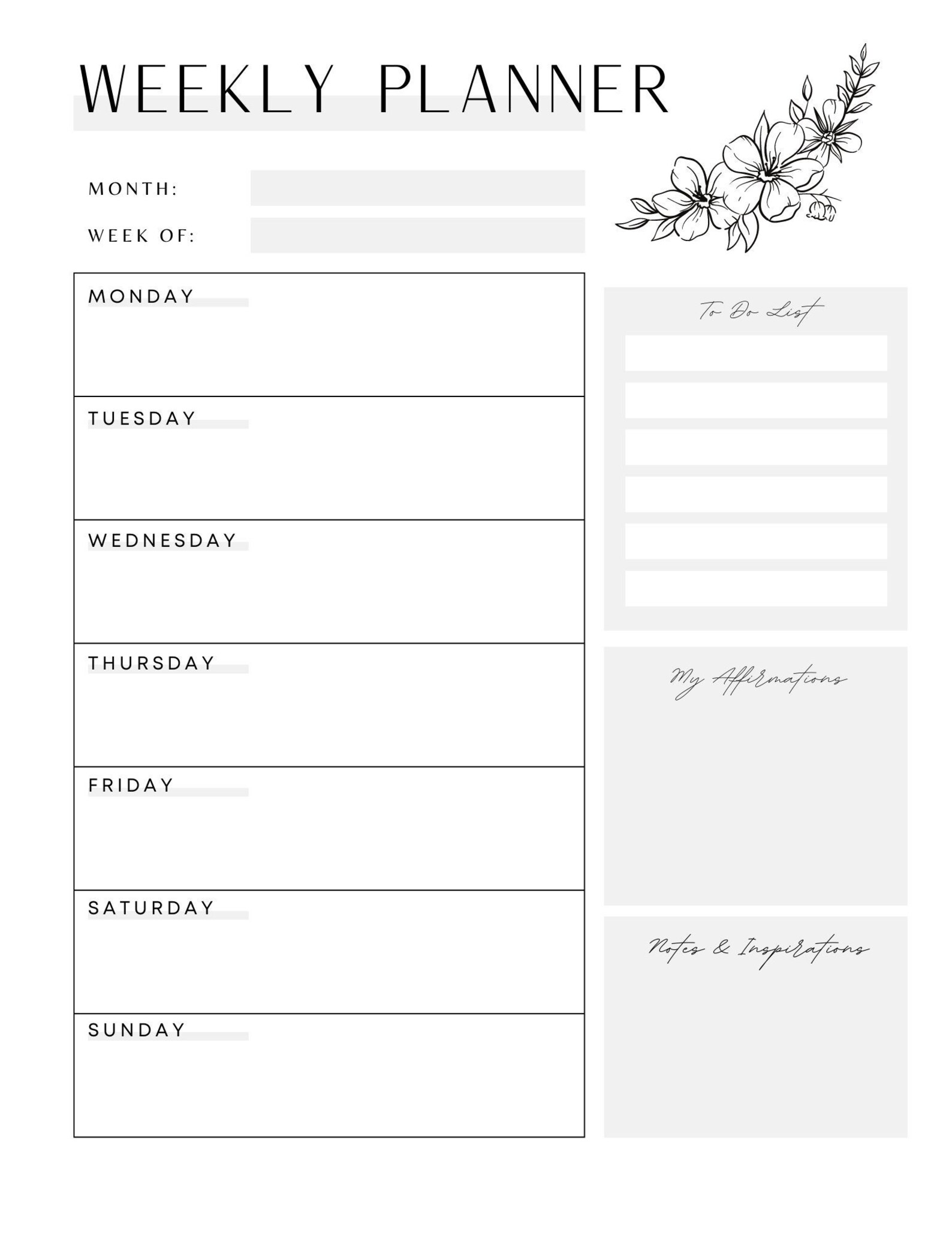 Weekly Planner Printable,fillable Planner,minimal Productive Planner ...