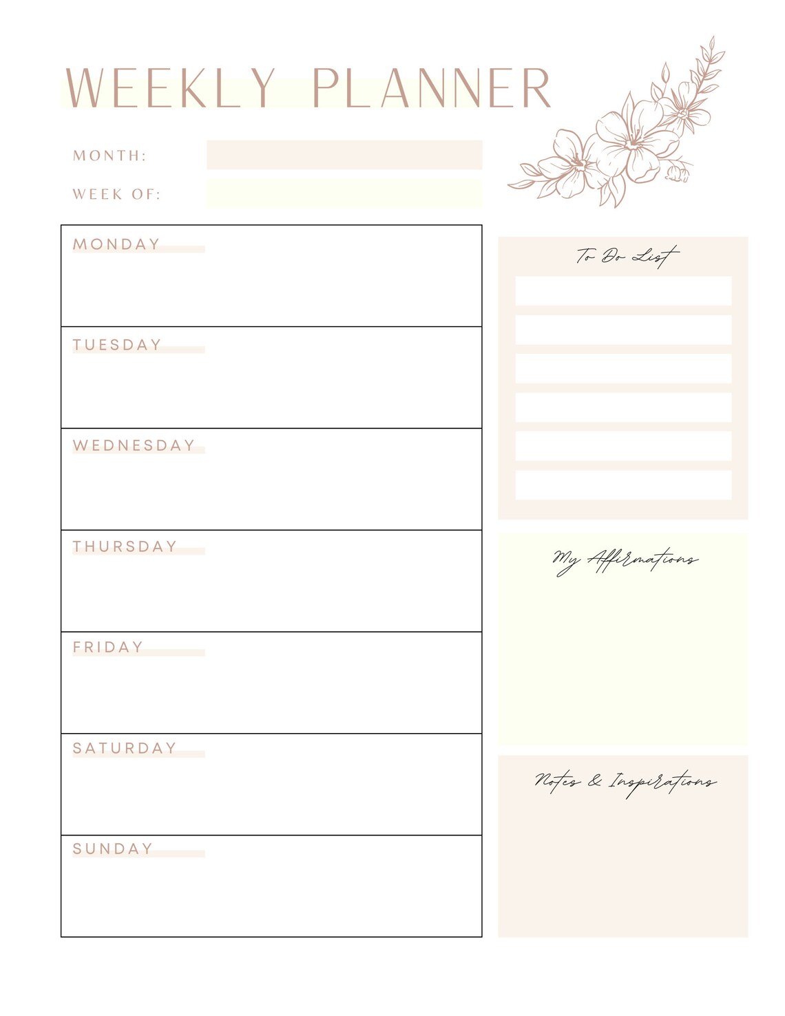 Weekly Planner Printable,fillable Planner,minimal Productive Planner ...