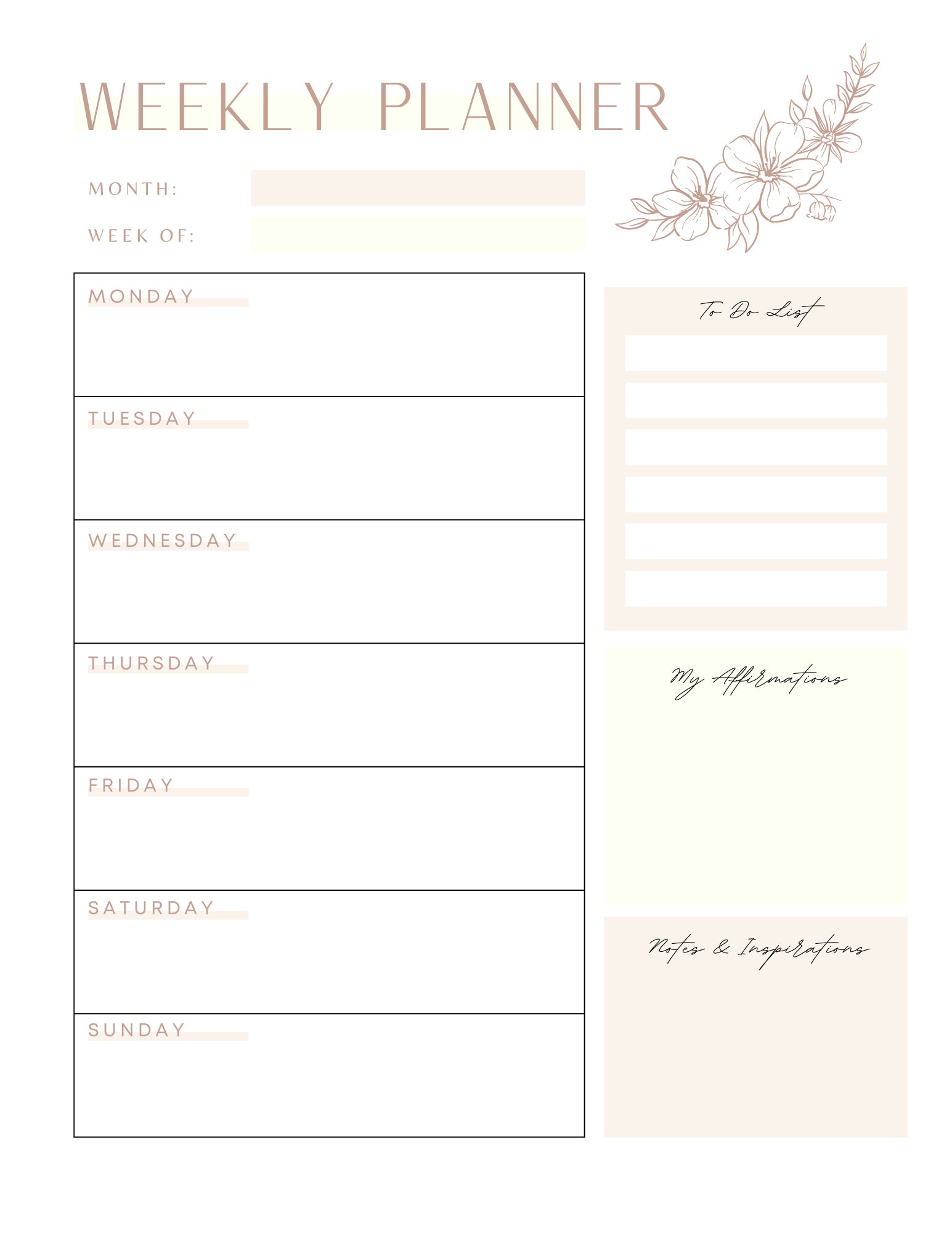 Weekly Planner Printable,fillable Planner,minimal Productive Planner ...