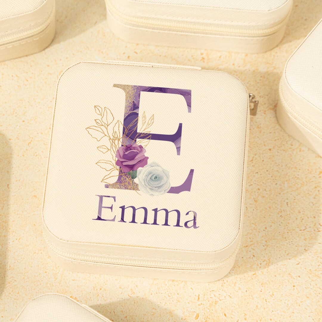 Personalized Floral Initial Jewelry Box: Vegan Leather Travel Storage ...