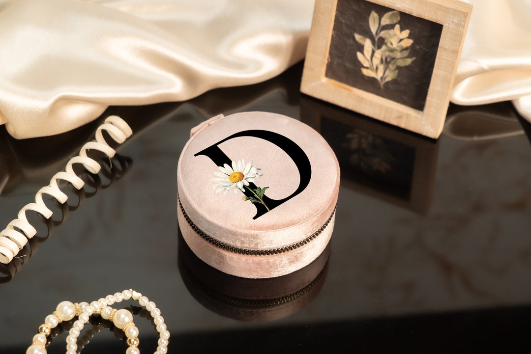 Personalized Jewelry Box, Floral Initial Ring Box, Round Velvet Jewelry ...